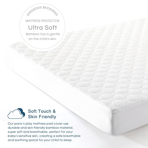 GRSSDER Waterproof Pack and Play Mattress Protector, Extra Soft and Breathable Pack n Play Sheets, Machine Washable Mini Crib Mattress Pad Cover for Size 39" x 27", White Circular Pattern