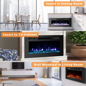 60 Inch Electric Fireplace Inserts, Wall Mounted Fireplace, Led Wall Mounted Heater with Logs, Recessed Electric Fireplace with Remote Control, Linear Fireplace, 9 Multi Color Flames, 750/1500W