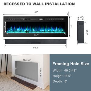 60 Inch Electric Fireplace Inserts, Wall Mounted Fireplace, Led Wall Mounted Heater with Logs, Recessed Electric Fireplace with Remote Control, Linear Fireplace, 9 Multi Color Flames, 750/1500W