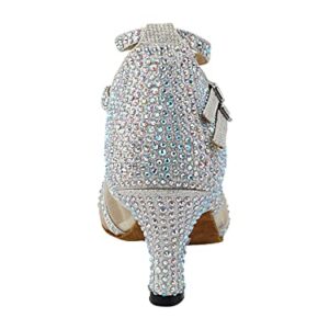 Very Fine Dance Shoes Ladies Latin, Salsa, Rhythm Ballroom Dance Shoes Crystal Collection 5008Bling 2.5 inch Low Heel & Shoe Bag (Random Color) (White Glitter Satin & Mesh, Size 6.5)