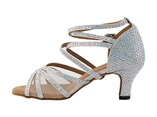 Very Fine Dance Shoes Ladies Latin, Salsa, Rhythm Ballroom Dance Shoes Crystal Collection 5008Bling 2.5 inch Low Heel & Shoe Bag (Random Color) (White Glitter Satin & Mesh, Size 6.5)