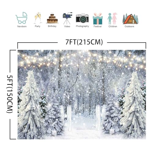 LIVUCEE 7x5ft Polyester Fabric Winter White Snowy Forest Backdrop for Photography Christmas Glitter Wonderland Nature Xmas Trees Pine Forest Holiday Party Decor Kids Family Photo Studio Prop