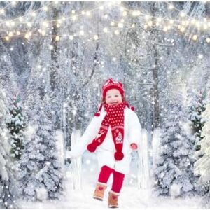 LIVUCEE 7x5ft Polyester Fabric Winter White Snowy Forest Backdrop for Photography Christmas Glitter Wonderland Nature Xmas Trees Pine Forest Holiday Party Decor Kids Family Photo Studio Prop