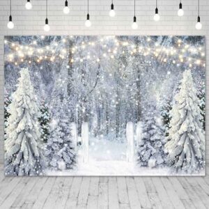 LIVUCEE 7x5ft Polyester Fabric Winter White Snowy Forest Backdrop for Photography Christmas Glitter Wonderland Nature Xmas Trees Pine Forest Holiday Party Decor Kids Family Photo Studio Prop