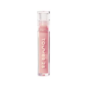 tower 28 shineon milky lip jelly, oat, non-sticky lip gloss, milky peachy pink vegan lip gloss, moisturizing apricot and raspberry seed oil, cruelty free