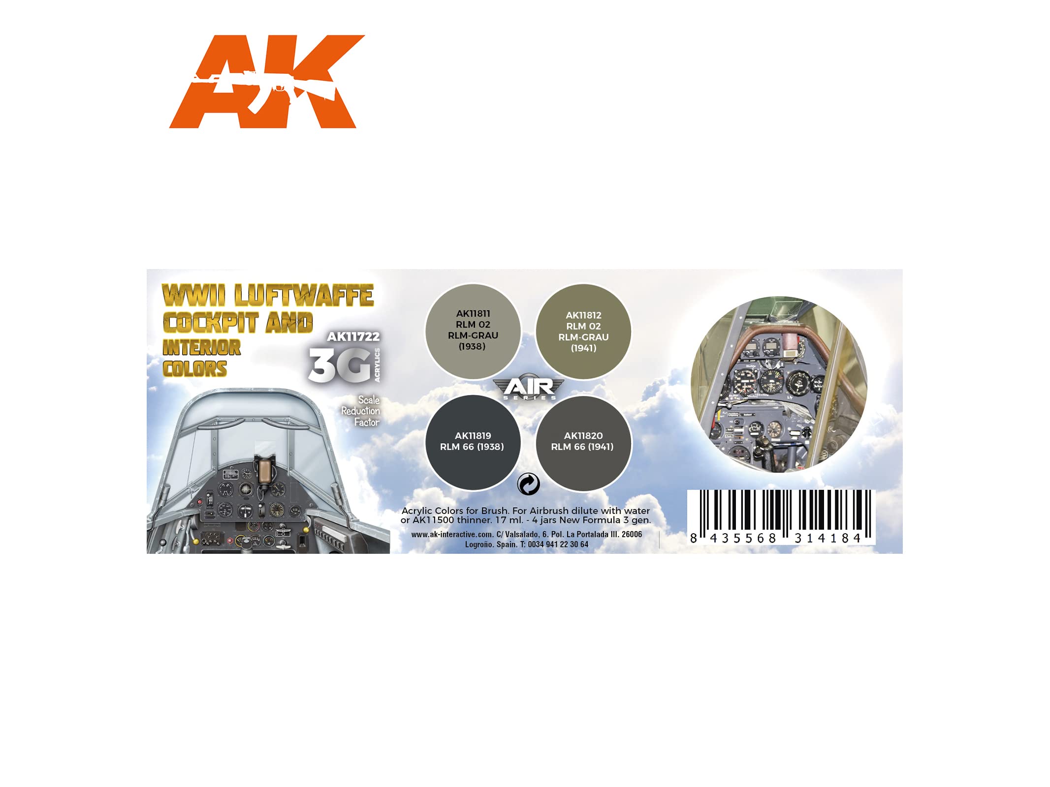 AK Acrylics 3Gen Aircraft Set AK11722 WWII Luftwaffe Cockpit & Interior Colors Set 3G (4x17ml)