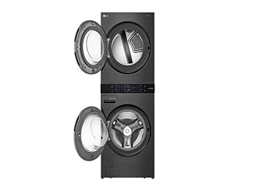 LG WKGX201HBA 27 Inch Smart Gas Single Unit WashTower with 4.5 cu. ft. Washer Capacity, 7.4 cu. ft. Dryer Capacity, TurboWash™360° Technology, LG ThinQ® Technology, AI Fabric Sensor, Black Steel