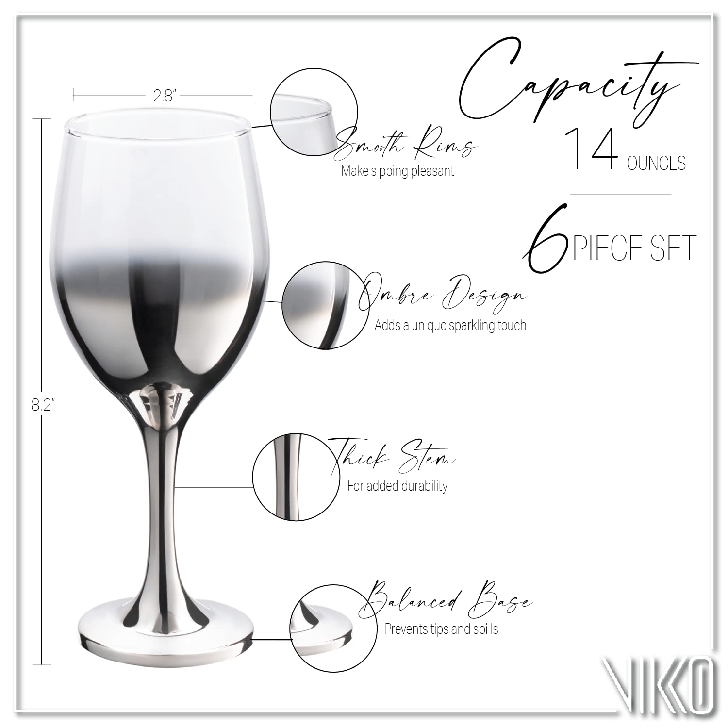 Vikko Décor Silver Ombre Wine Glasses: 14 Ounce Fancy Wine Glasses With Stem for Red and White Wine – Thick and Durable – Dishwasher Safe Goblets – Great Gift Idea – Set of 6 Decorative Wine Glasses