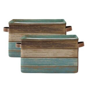 teal green brown retro rustic wood texture square storage basket storage bins canvas storage organizer closet shelf organizer for home office, 2 pc