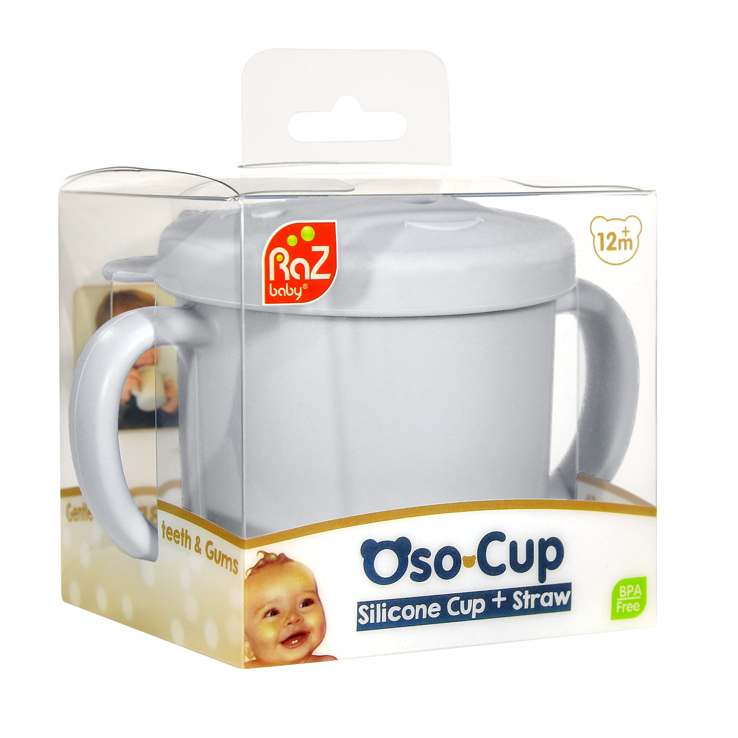 RAZBABY Oso-Cup Silicone Sippy Cup with Straw, 6.5 Oz, 6M+, Easy to Clean Cup w/Safe Straw Length for Toddlers, Trainer Cup for Baby, BPA-Free, Travel Friendly, Dishwasher and Microwave Safe – Grey