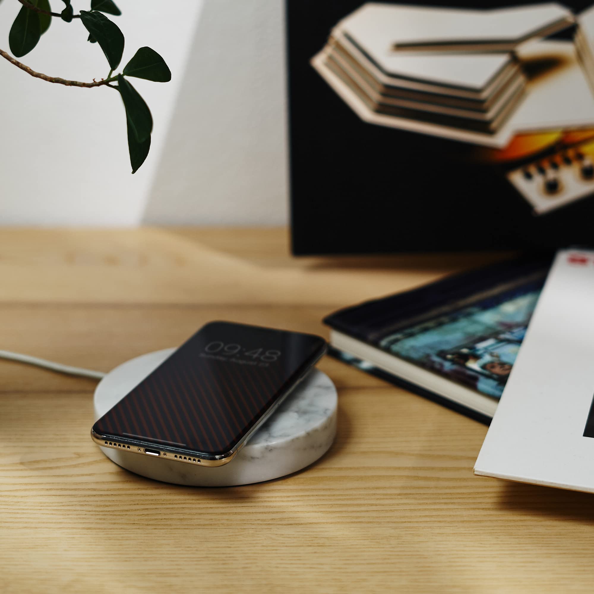 EINOVA Charging Stone - Beautiful Wireless Charger, 10W Fast Charger with Built-in Durable Braided Cable - White Marble