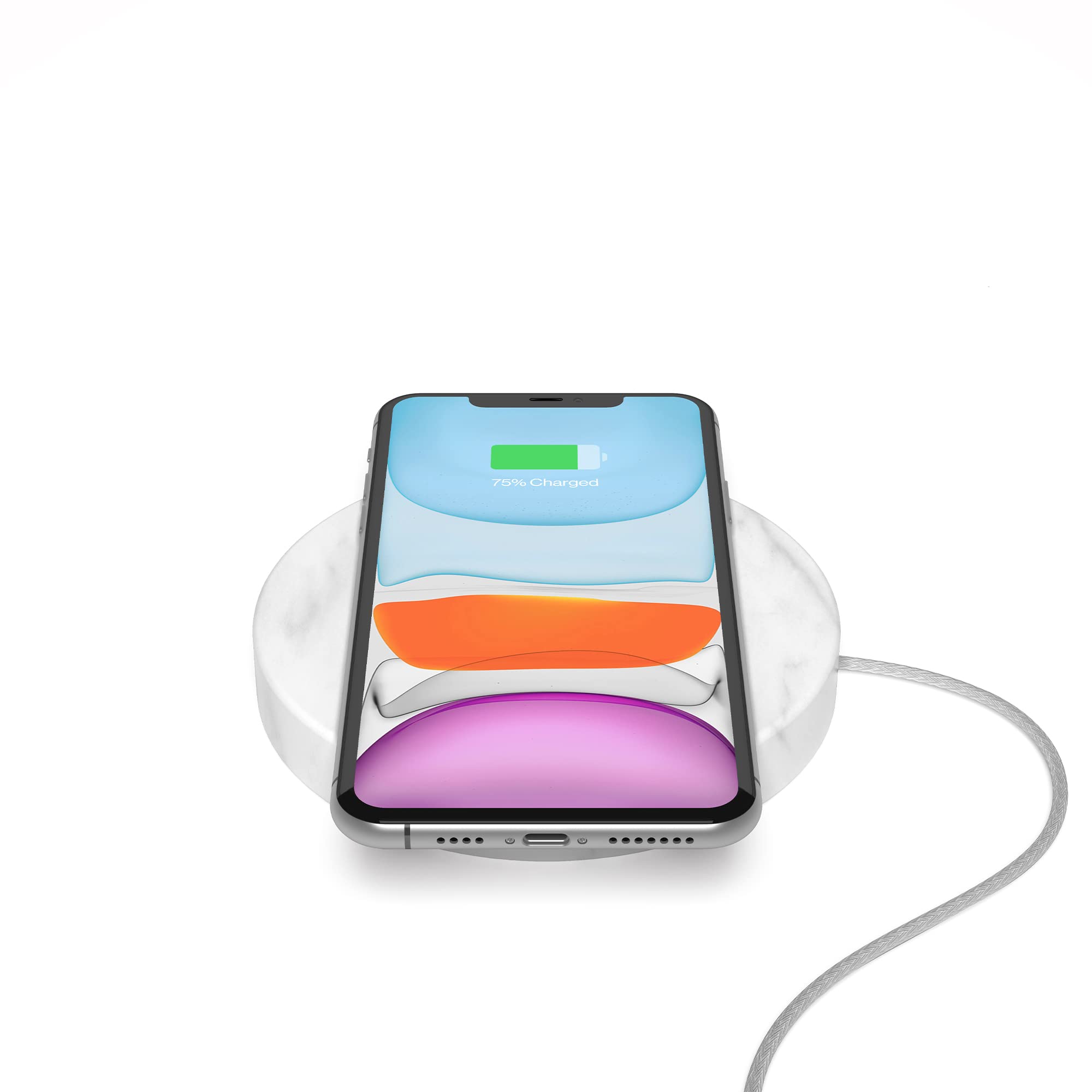 EINOVA Charging Stone - Beautiful Wireless Charger, 10W Fast Charger with Built-in Durable Braided Cable - White Marble