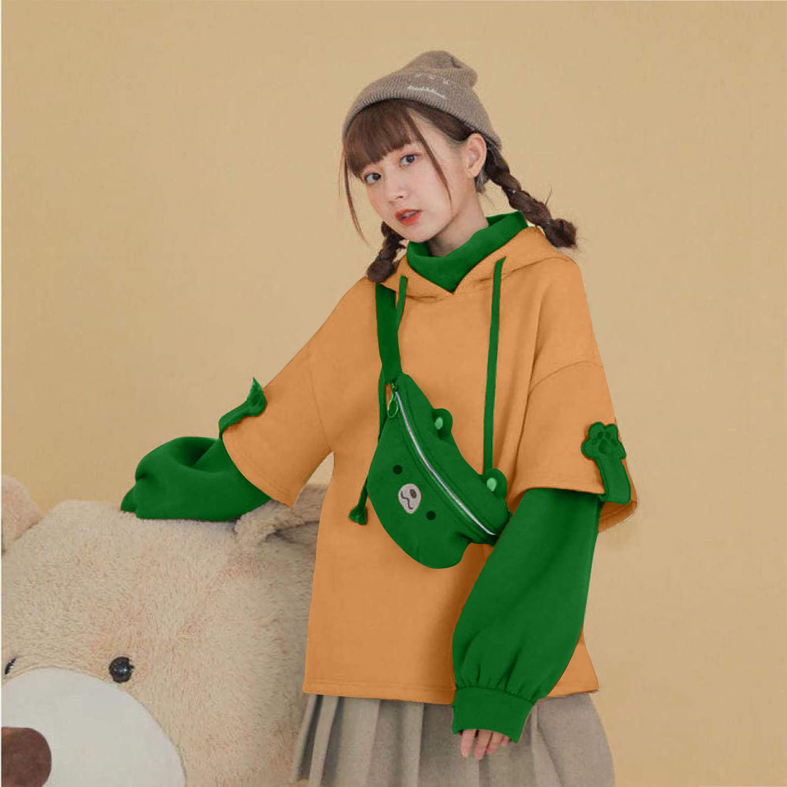 Mimacoo Cute Bear Hoodie for Womens Long Sleeve Sweatshirts Patchwork Color Shirts with Cute Personality Bag, 2-khaki, 5X-Large