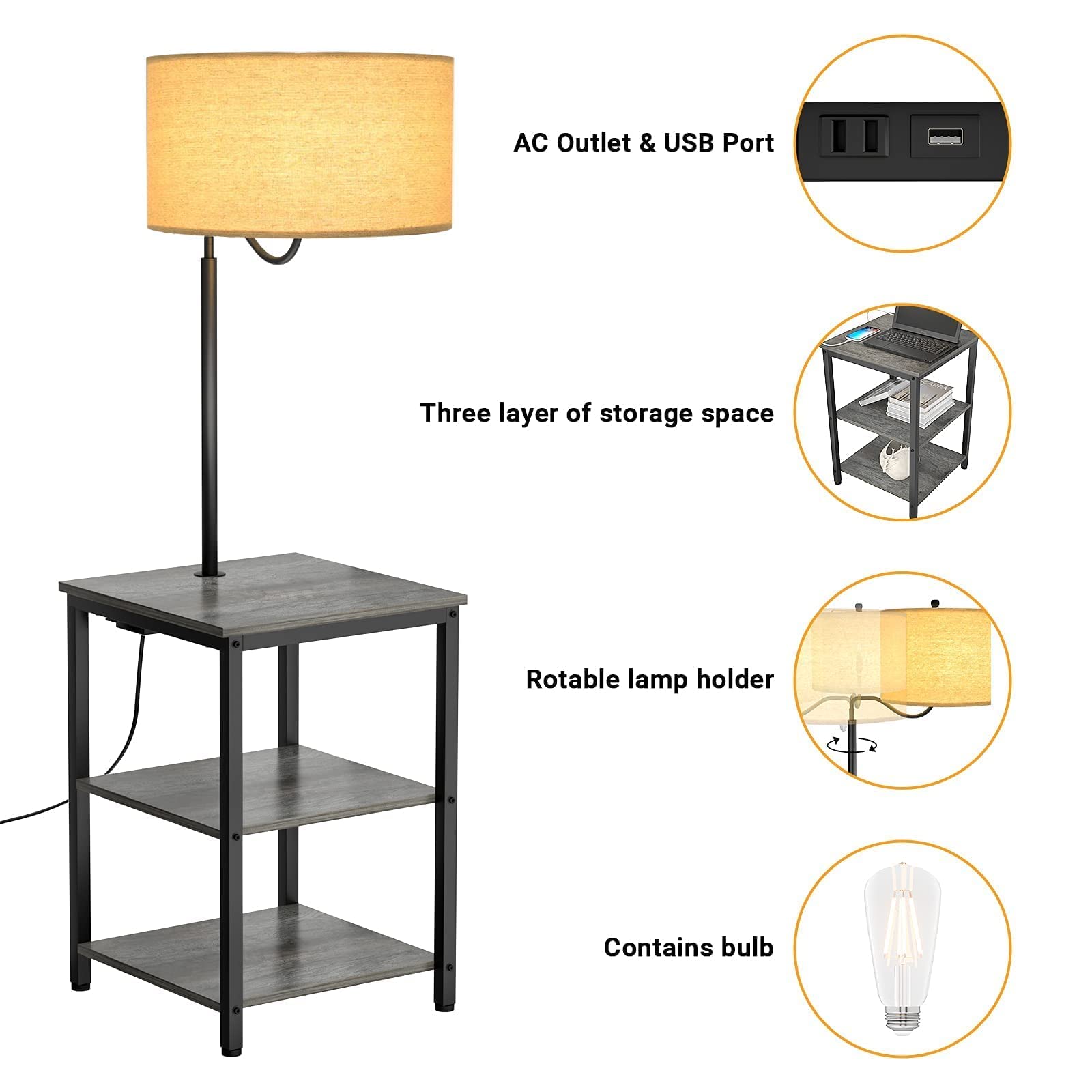 ANTLUX Floor Lamp with Side Table - USB Charging Port, Power Outlet End Table and Lamp, Modern Bedside Nightstand with Industrial Floor Light for Living Room, Bedroom, Edison LED Bulb, Gray