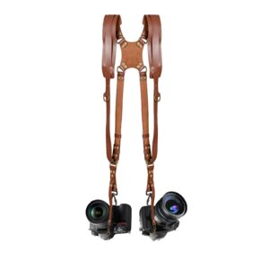 jumyee dual camera strap, camera harness for photographers adjustable shoulder straps belt for 2 cameras - double camera body strap accessories (brown)