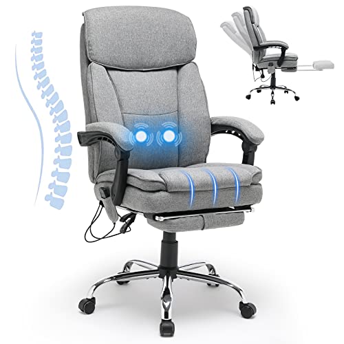 HOMREST Reclining Chair with Massage, Ergonomic Office Breathable Fabric Executive Computer Chair w/Retractable Footrest, High Back Swivel Recliner for Office Home Study