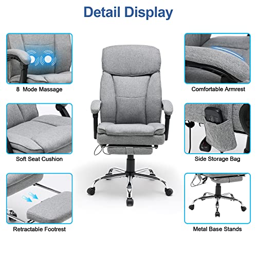 HOMREST Reclining Chair with Massage, Ergonomic Office Breathable Fabric Executive Computer Chair w/Retractable Footrest, High Back Swivel Recliner for Office Home Study