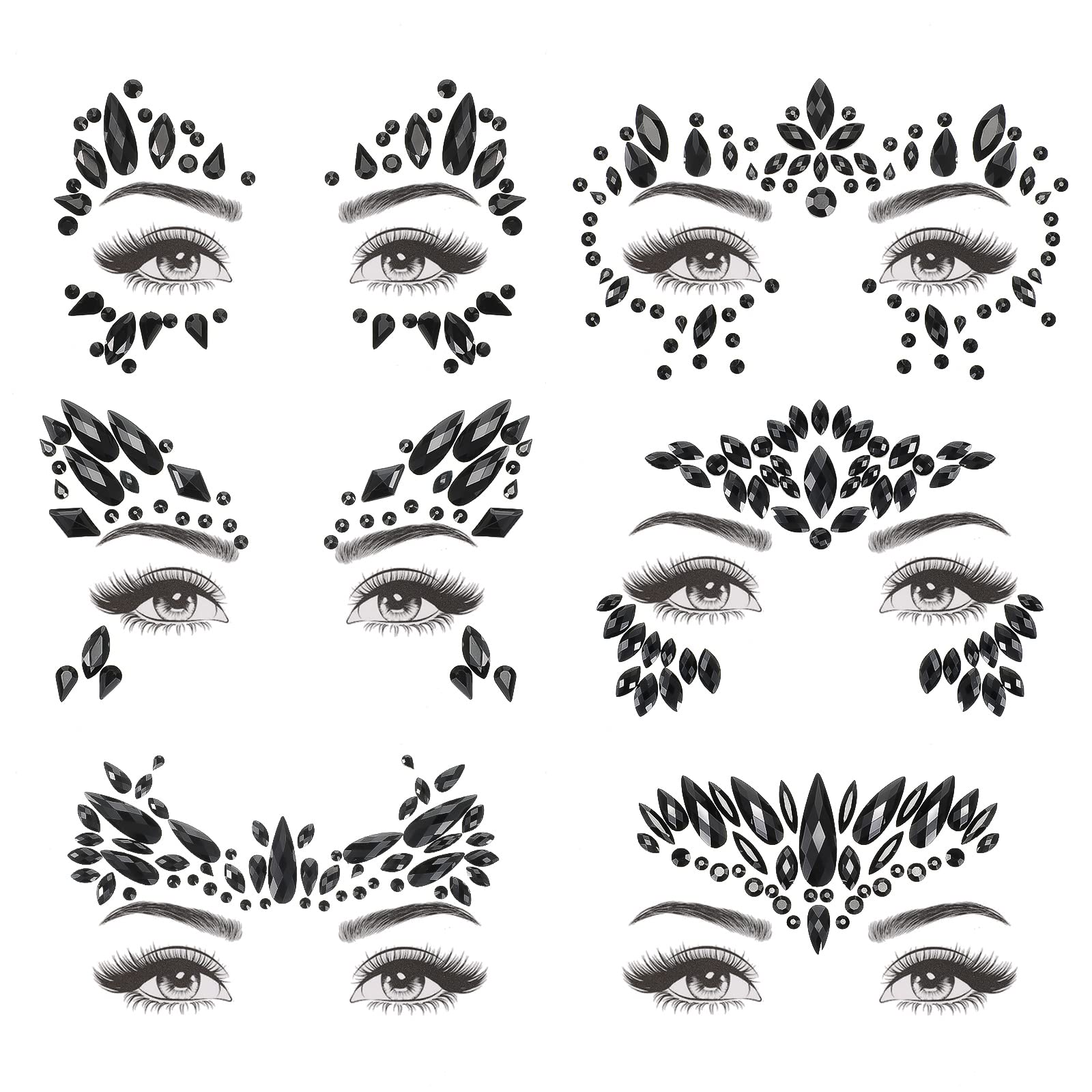 6 Sheets Face Gems Temporary Stick on Black Face Rhinestones Jewels for Women Party Gift for Kids Costume Temporary (Stylish Style)