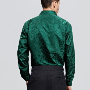 HISDERN Men's Satin Green Dress Shirts Shiny Emerald Luxury Button Down Shirt Casual Fashion Long Sleeve Floral Shirts Tuxedo Party Prom Night Club