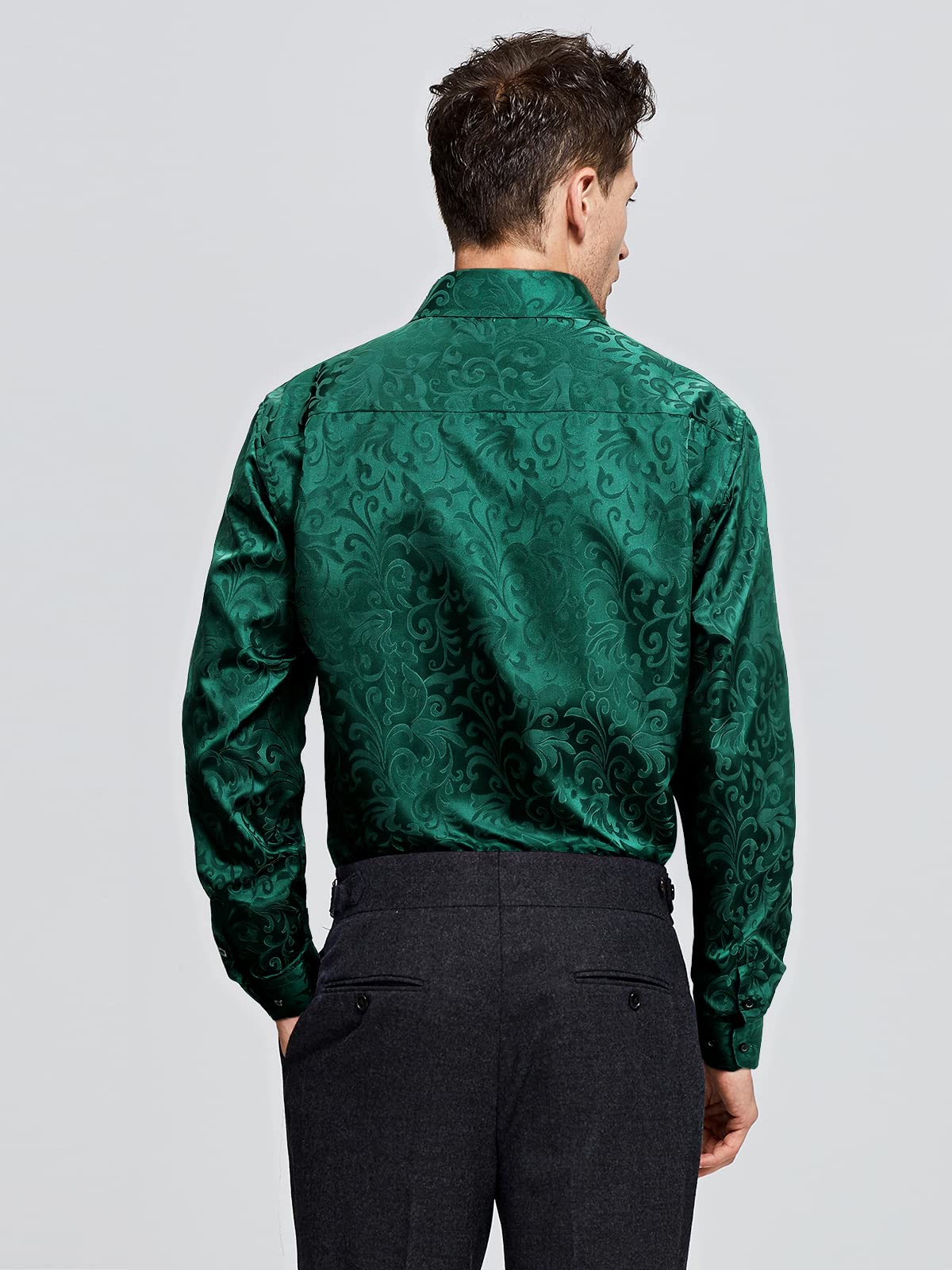 HISDERN Men's Satin Green Dress Shirts Shiny Emerald Luxury Button Down Shirt Casual Fashion Long Sleeve Floral Shirts Tuxedo Party Prom Night Club