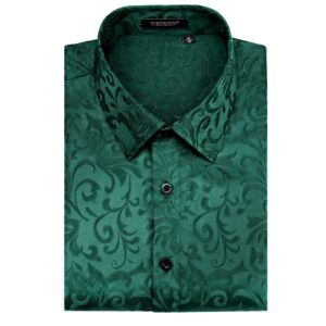 HISDERN Men's Satin Green Dress Shirts Shiny Emerald Luxury Button Down Shirt Casual Fashion Long Sleeve Floral Shirts Tuxedo Party Prom Night Club