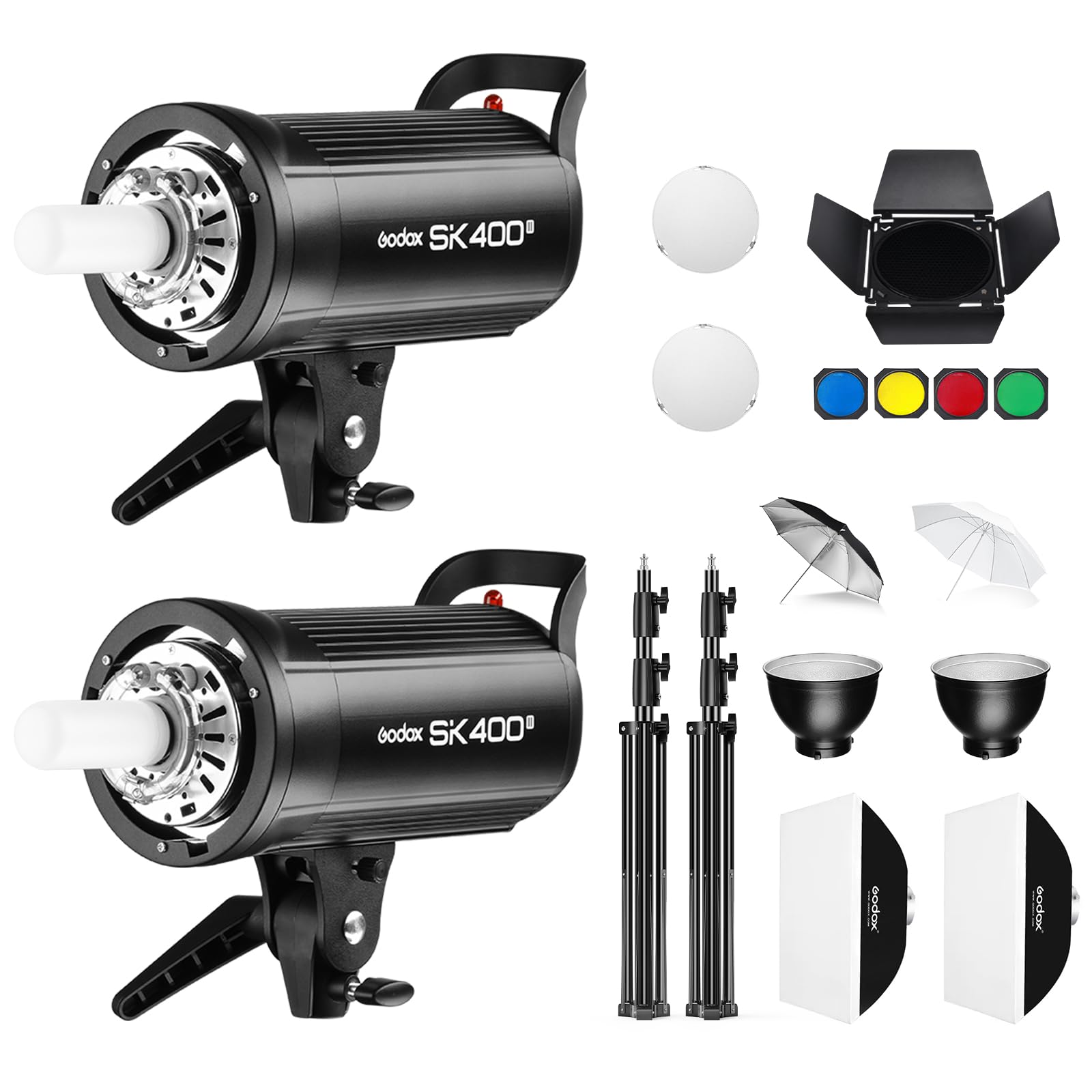 Godox 2* SK400ii 800Ws Studio Strobe Flash Lighting Kit:2 Pack SK400II Monolight with Bowens Mount for Photography and Studio Video Shooting with Light Stand,Softbox,Umbrella,Reflector,Barn Door...