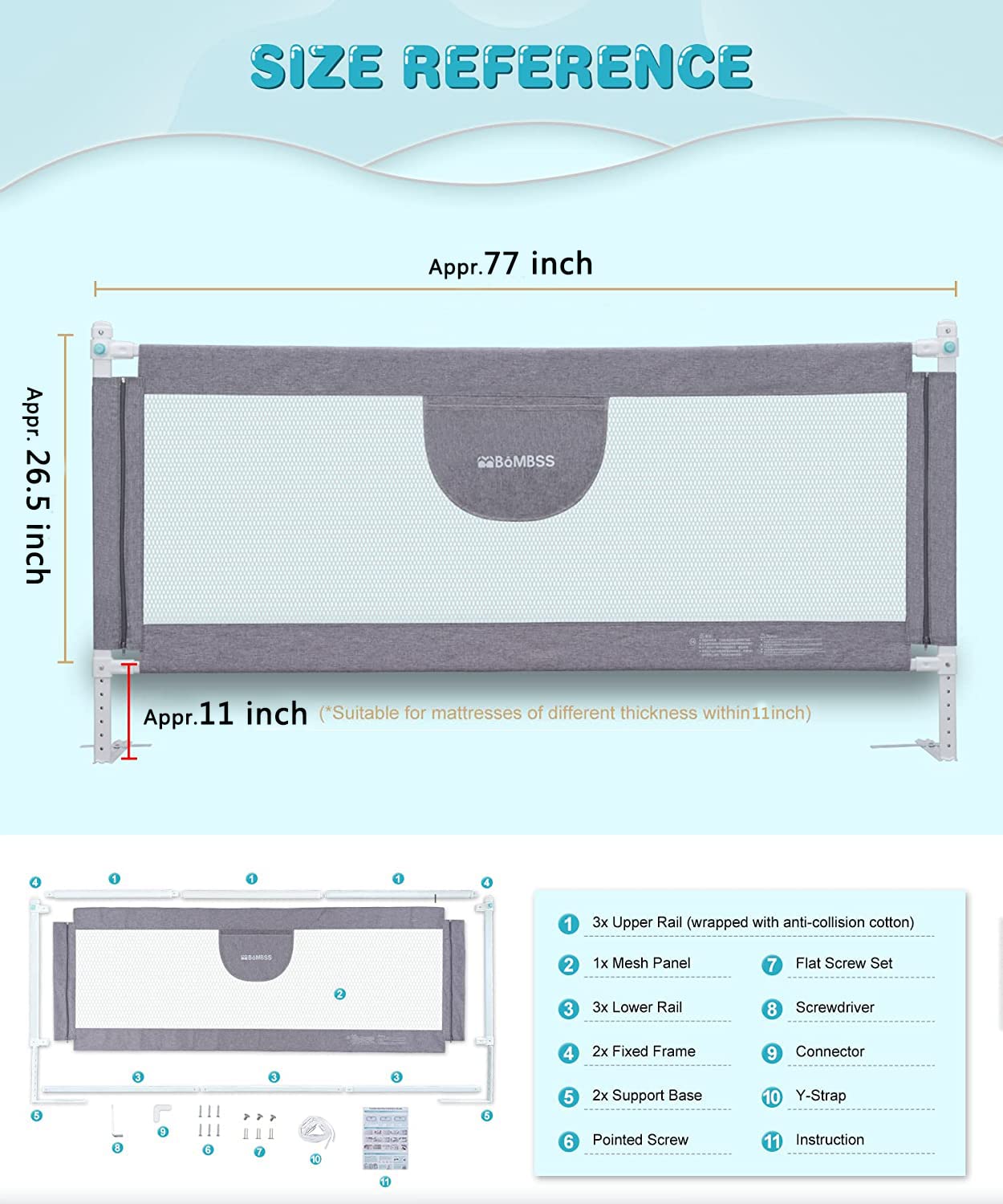 MBQMBSS 2 Pack Toddler Bed Rail Guards for King and Queen Size Beds, Stable Protective Side Railing for Kids Children