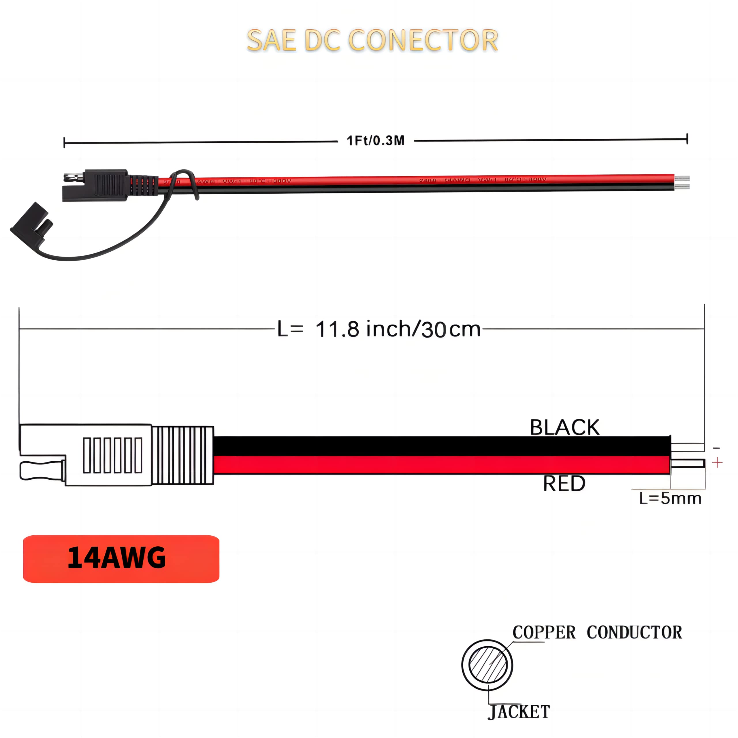 SAE DC Power Extension Cable 14AWG SAE Power Automotive Extension Cable Pigtail Wire Harness for RV Trolling,Motorcycles,Cars,Tractors,Solar Panel (4 Pack -30 cm/ 1ft)