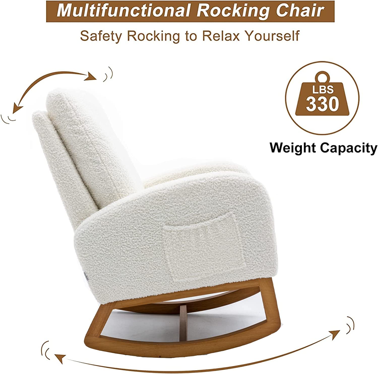 jeerbly Rocking Chair Nursery, Upholstered Fabric Nursery Chair, Nursery Glider with Tall Back and 1-Side Pockets, Rocking Chairs with Rubber Wood Legs, Glider Chair, 39.76'' H x 27.16'' W x 37'' D