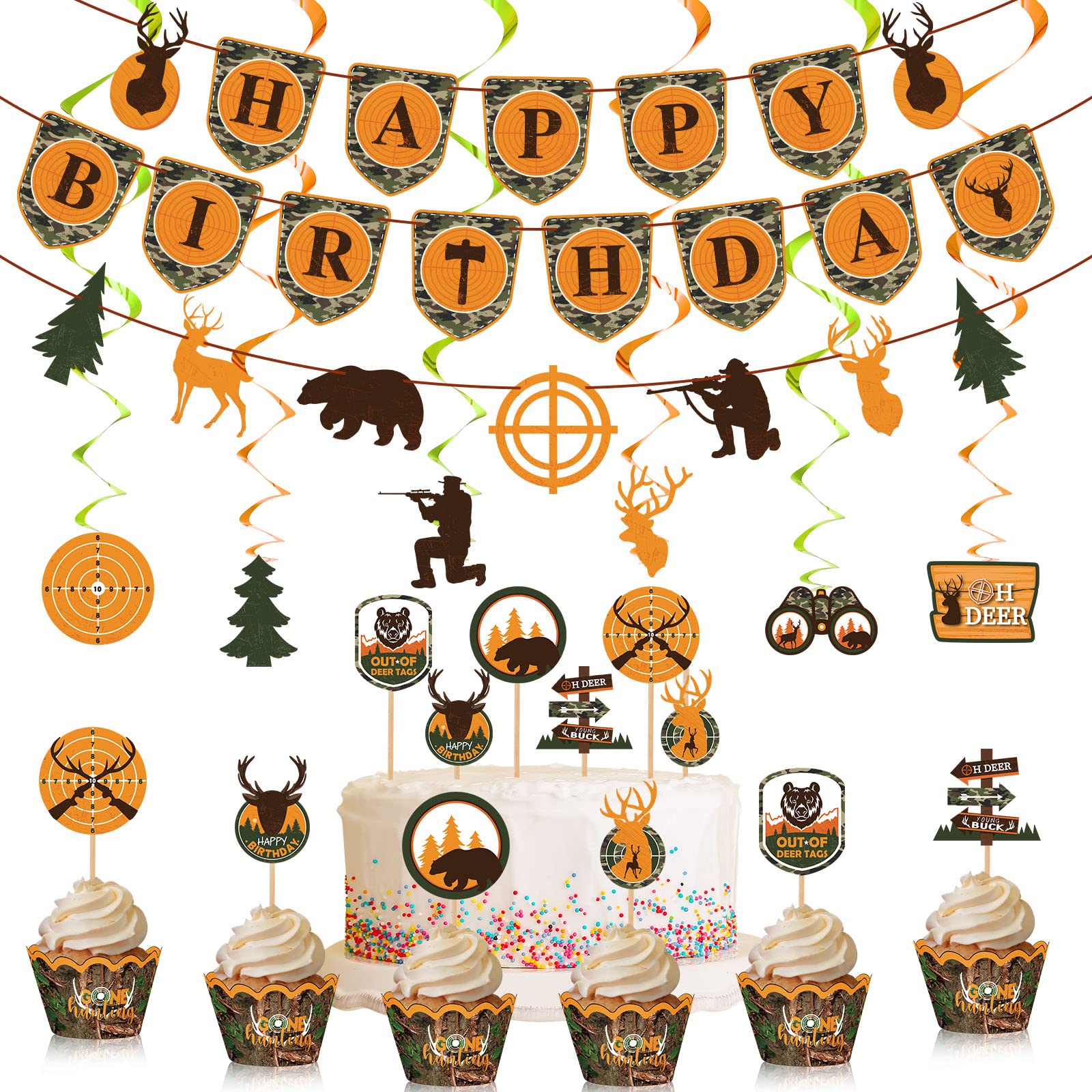 62 Pcs Hunting Theme Party Decorations Hunting Birthday Banner Camo Birthday Party Decorations Camo Cupcake Toppers Hunting Swirls Decorations Deer Decorations for Party Birthday Baby Shower