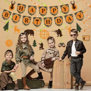 62 Pcs Hunting Theme Party Decorations Hunting Birthday Banner Camo Birthday Party Decorations Camo Cupcake Toppers Hunting Swirls Decorations Deer Decorations for Party Birthday Baby Shower