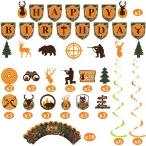 62 Pcs Hunting Theme Party Decorations Hunting Birthday Banner Camo Birthday Party Decorations Camo Cupcake Toppers Hunting Swirls Decorations Deer Decorations for Party Birthday Baby Shower