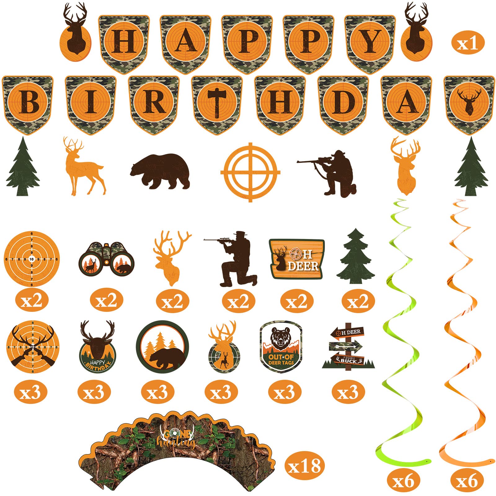 62 Pcs Hunting Theme Party Decorations Hunting Birthday Banner Camo Birthday Party Decorations Camo Cupcake Toppers Hunting Swirls Decorations Deer Decorations for Party Birthday Baby Shower