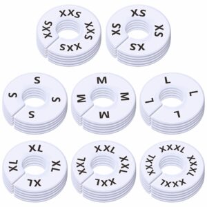 40 pack round white plastic clothing size closet rack dividers hangers, preprinted in 8 sizes xxs, xs, s, m, l, xl, xxl, xxxl (outer 3.5”, inner diameter 1.38”)