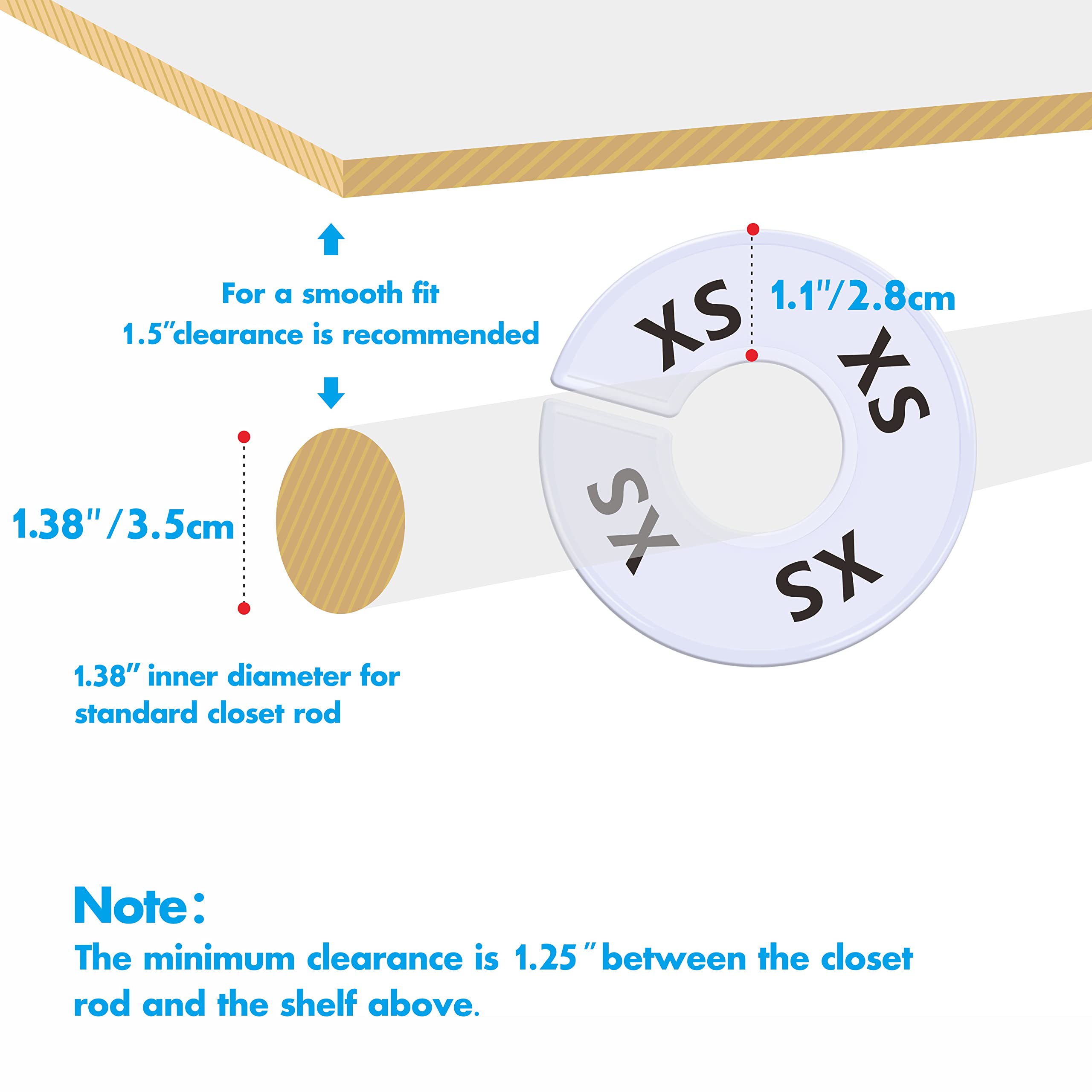 40 Pack Round White Plastic Clothing Size Closet Rack Dividers Hangers, Preprinted in 8 Sizes XXS, XS, S, M, L, XL, XXL, XXXL (Outer 3.5”, Inner Diameter 1.38”)