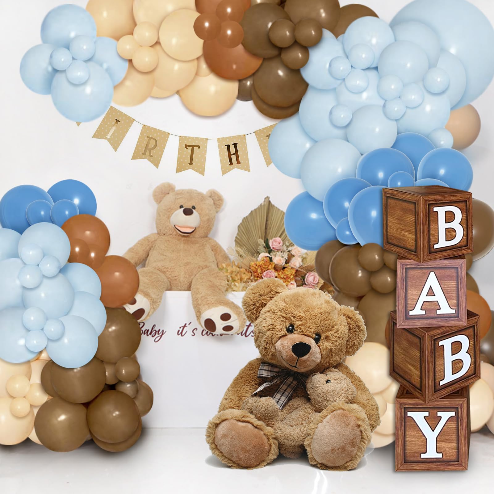 PERPAOL 147PCS Blue Brown Coffee Balloons Garland Kit, Boho Nude Coffee Blue Ivory Balloon Arch, for Teddy Bear Safari Wild Shower Gender Reveal Birthday Theme Party.