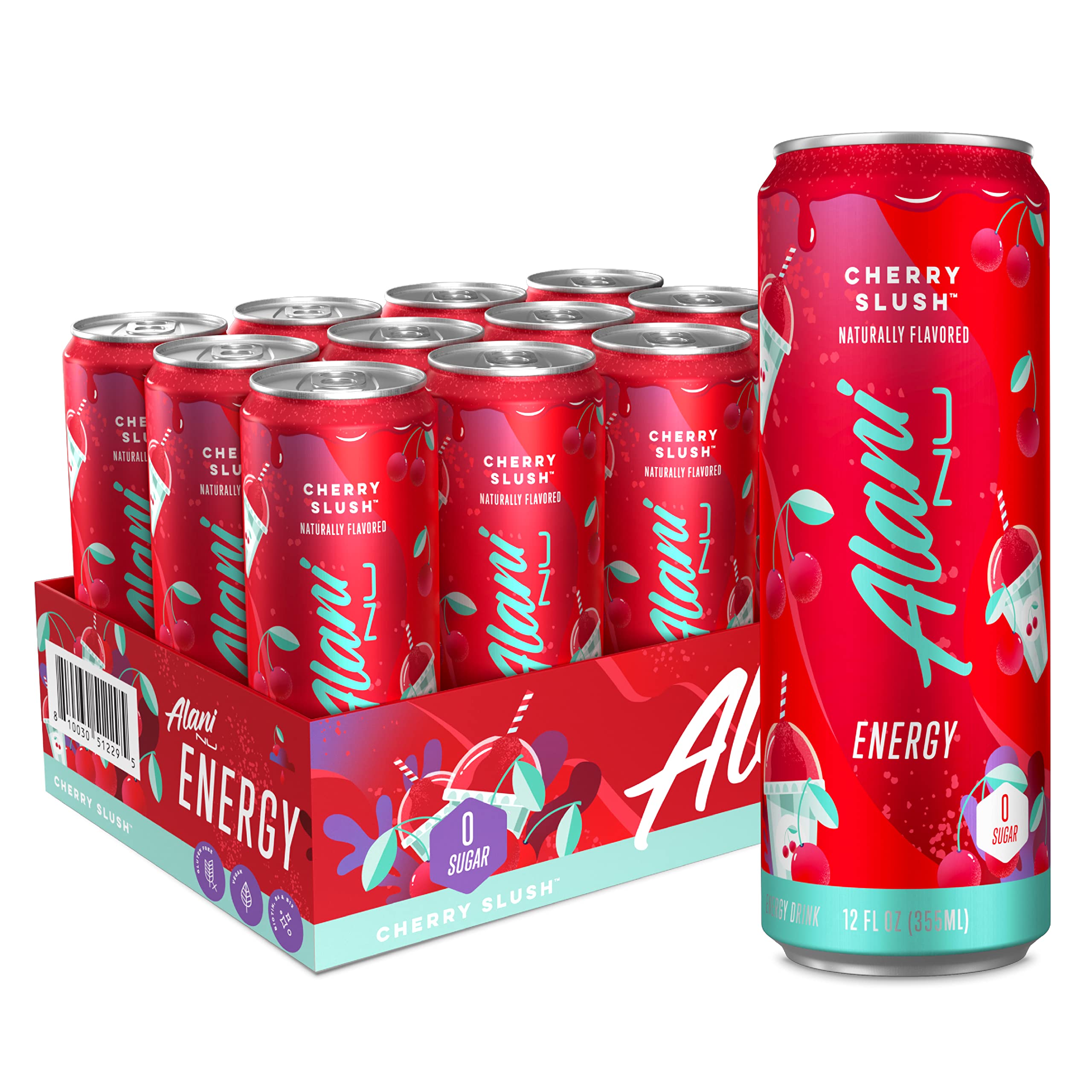 Alani Nu CHERRY SLUSH Sugar Free, Low Calorie Energy Drinks | 200mg Caffeine | Pre Workout Performance with Antioxidants | Biotin B Vitamins | Zero Sugar | 10 Calories | 12 Fl Oz Cans (12 Pack)