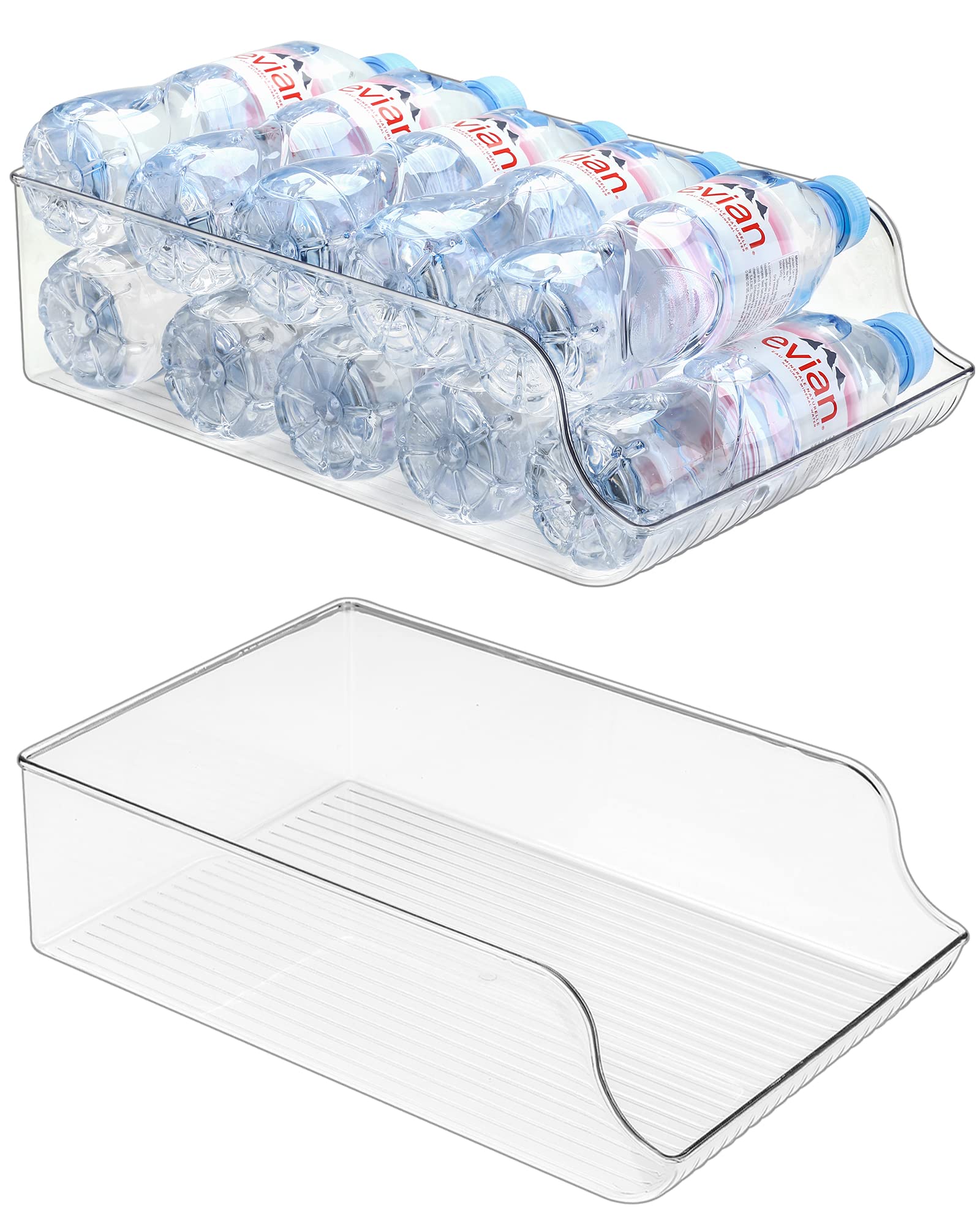 Puricon 2 Pack Water Bottle Dispenser Organizer for Refrigerator, Clear Plastic 16.9oz Water Bottle Container Storage Bin for Fridge Freezer Pantry Cabinet Kitchen -for Water Bottle