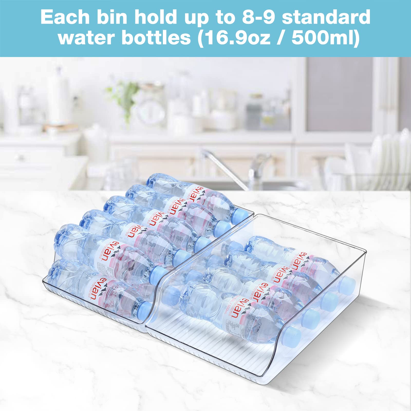 Puricon 2 Pack Water Bottle Dispenser Organizer for Refrigerator, Clear Plastic 16.9oz Water Bottle Container Storage Bin for Fridge Freezer Pantry Cabinet Kitchen -for Water Bottle