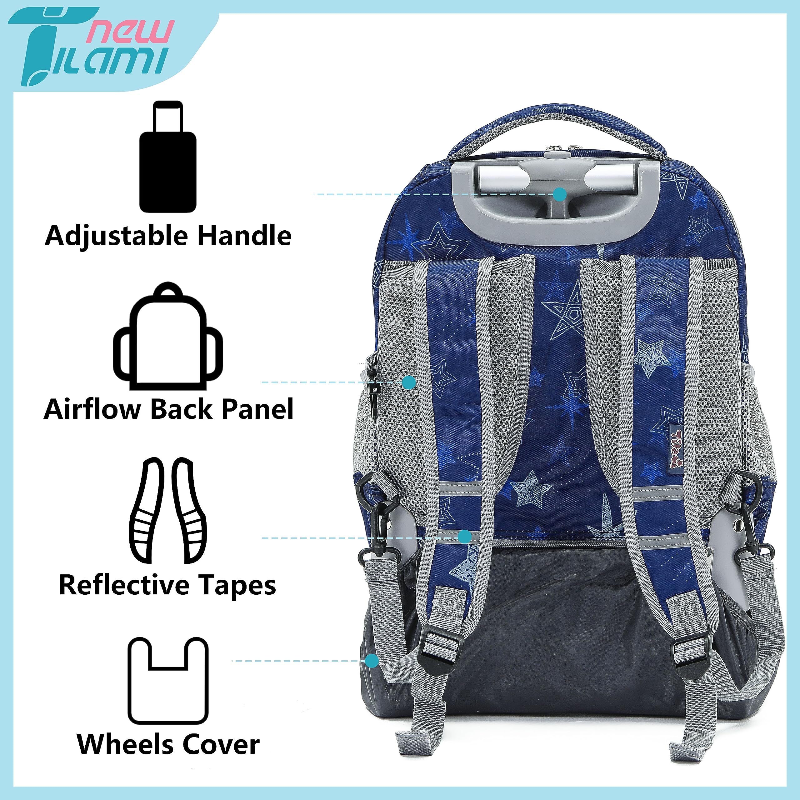 NEW TILAMI Rolling Backpack for kids, Adjustable Laptop Backpack with Wheels for Girls to School Travel Camping Boys Rolling Backpack Meteorite Blue 18 Inch