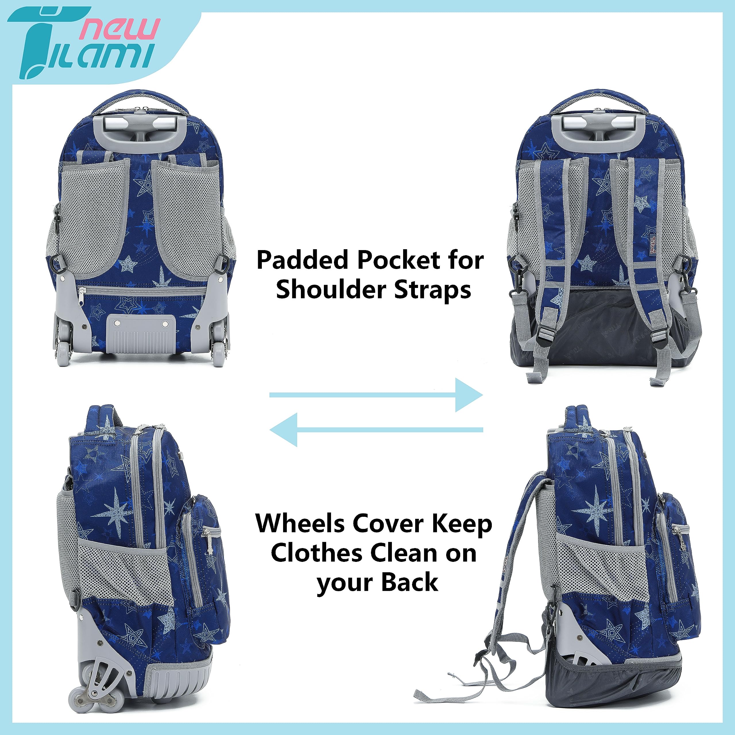 NEW TILAMI Rolling Backpack for kids, Adjustable Laptop Backpack with Wheels for Girls to School Travel Camping Boys Rolling Backpack Meteorite Blue 18 Inch