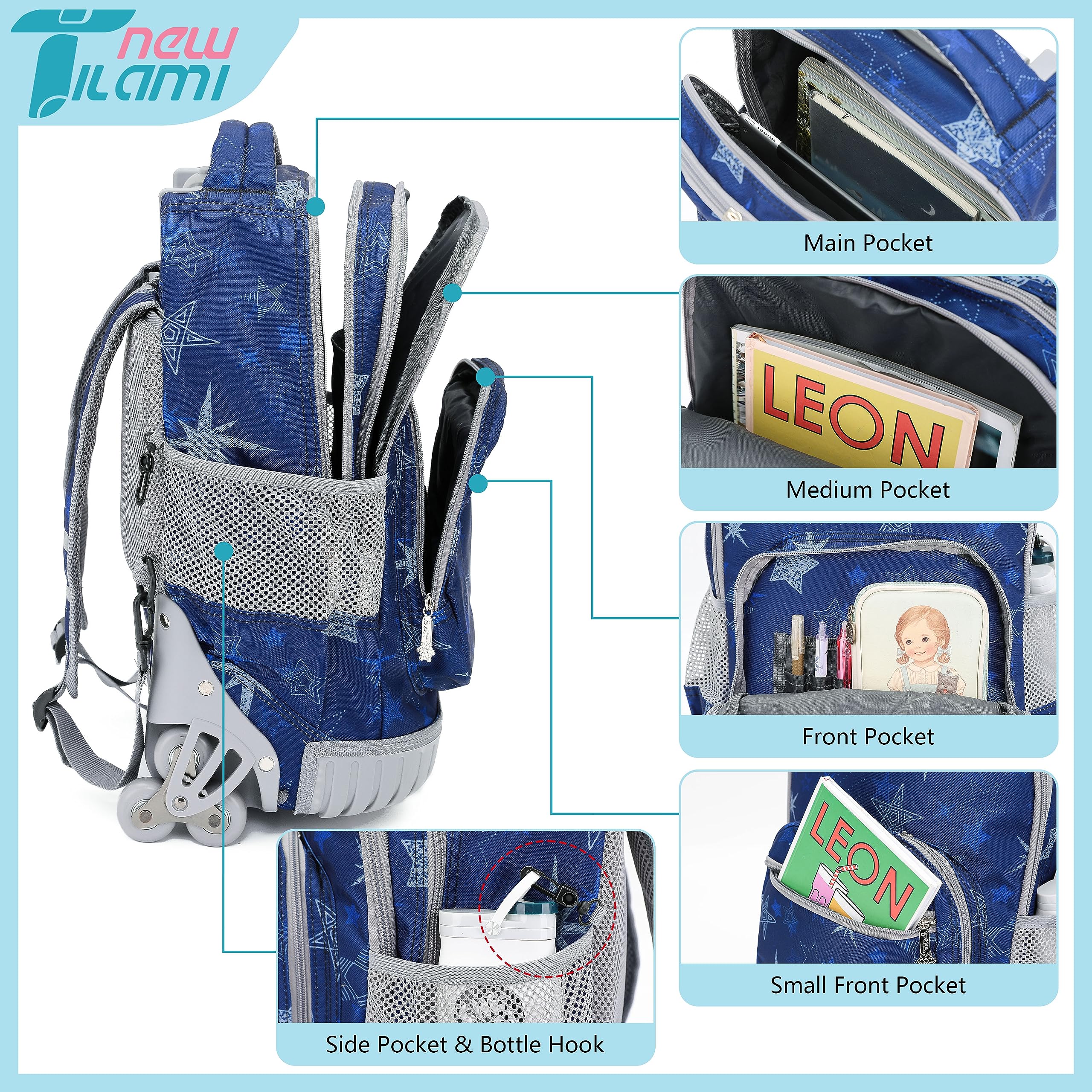 NEW TILAMI Rolling Backpack for kids, Adjustable Laptop Backpack with Wheels for Girls to School Travel Camping Boys Rolling Backpack Meteorite Blue 18 Inch