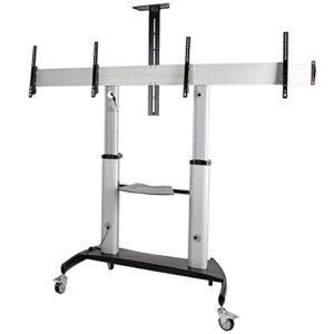 startech.com dual tv cart for 37-60in vesa tvs up to 110lb/50kg each - height adjustable tv mount, mobile display cart w/equipment shelves - rolling tv cart on wheels - rolling tv stand (stndmtvduo)