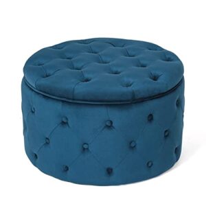 homebeez round velvet storage ottoman, button tufted footrest stool coffee table for living room,24.8" l x 24.8" w x 15.4" h,navy blue