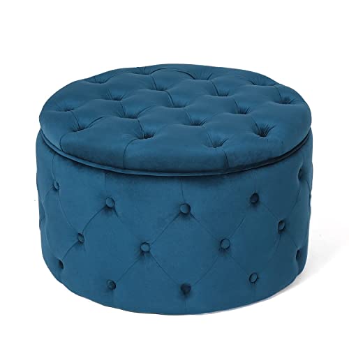 Homebeez Round Velvet Storage Ottoman, Button Tufted Footrest Stool Coffee Table for Living Room,24.8" L x 24.8" W x 15.4" H,Navy Blue