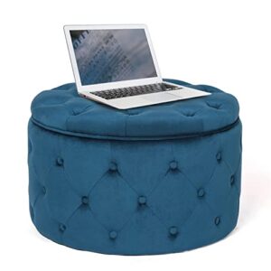 Homebeez Round Velvet Storage Ottoman, Button Tufted Footrest Stool Coffee Table for Living Room,24.8" L x 24.8" W x 15.4" H,Navy Blue