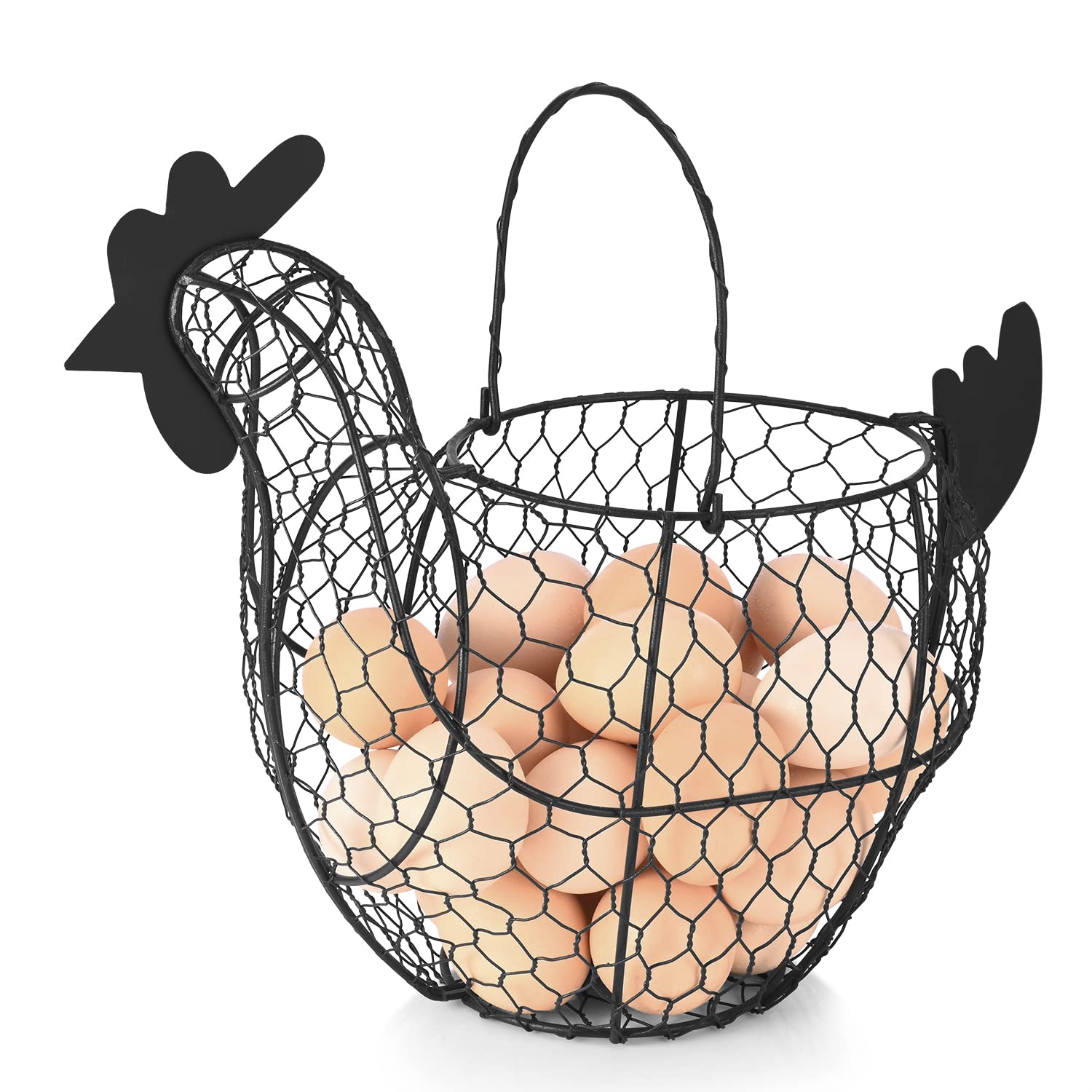 Flexzion Chicken Egg Holder, Small Wire Egg Collecting Basket with Handle for Farm Eggs, Fruits, Vegetables, Metal Wire Chicken Basket Decor for Kitchen, Countertop, Farmhouse Rustic Style, Brown