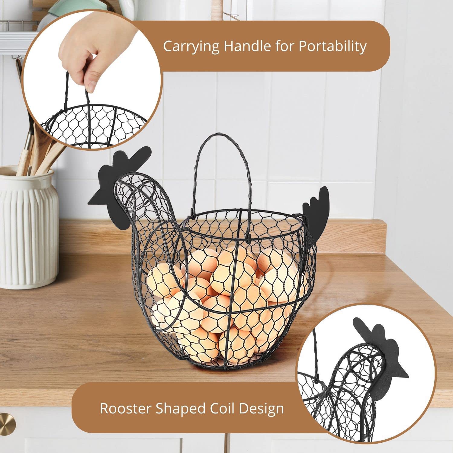 Flexzion Chicken Egg Holder, Small Wire Egg Collecting Basket with Handle for Farm Eggs, Fruits, Vegetables, Metal Wire Chicken Basket Decor for Kitchen, Countertop, Farmhouse Rustic Style, Brown