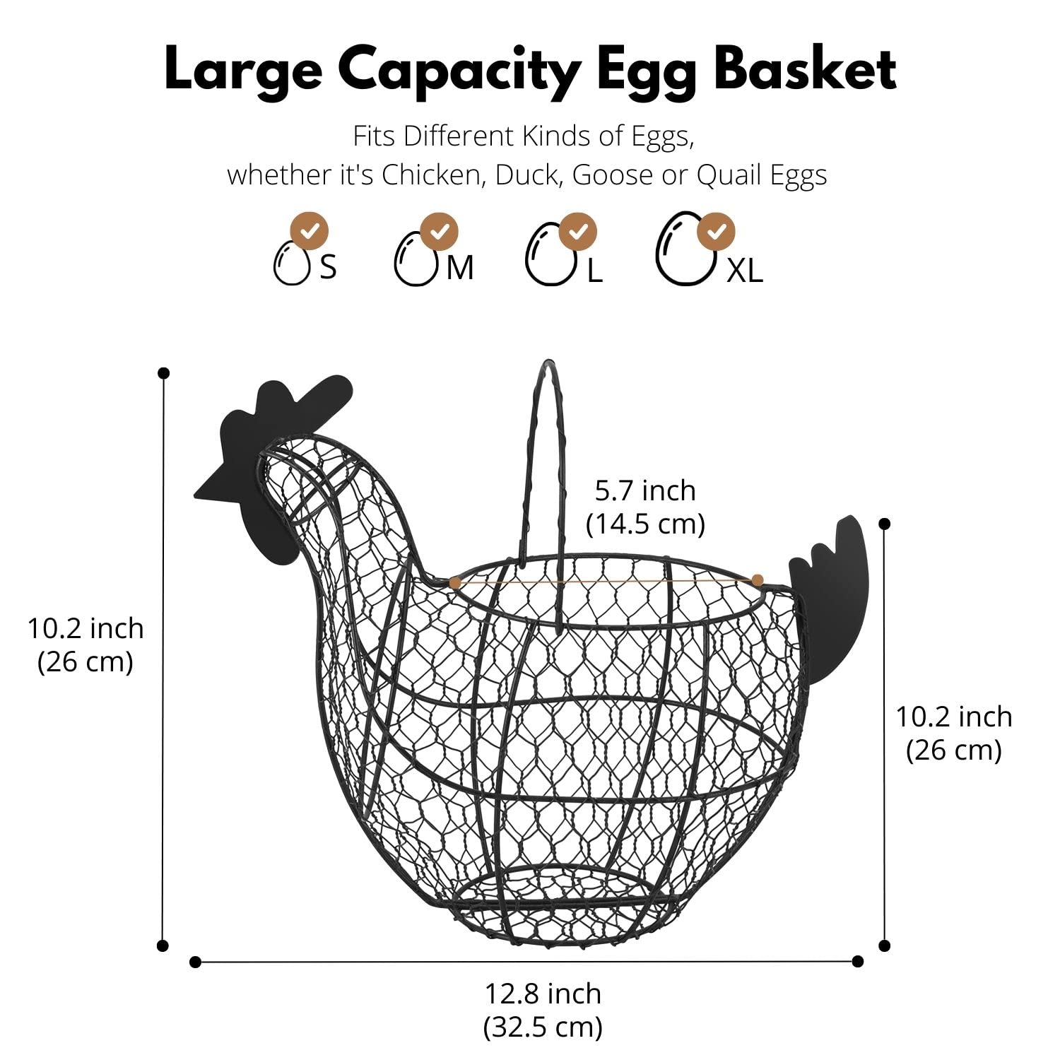 Flexzion Chicken Egg Holder, Small Wire Egg Collecting Basket with Handle for Farm Eggs, Fruits, Vegetables, Metal Wire Chicken Basket Decor for Kitchen, Countertop, Farmhouse Rustic Style, Brown