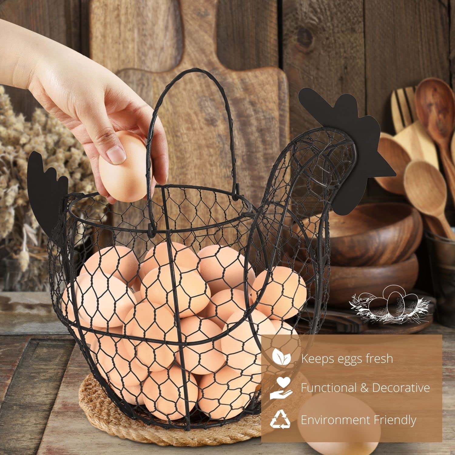 Flexzion Chicken Egg Holder, Small Wire Egg Collecting Basket with Handle for Farm Eggs, Fruits, Vegetables, Metal Wire Chicken Basket Decor for Kitchen, Countertop, Farmhouse Rustic Style, Brown